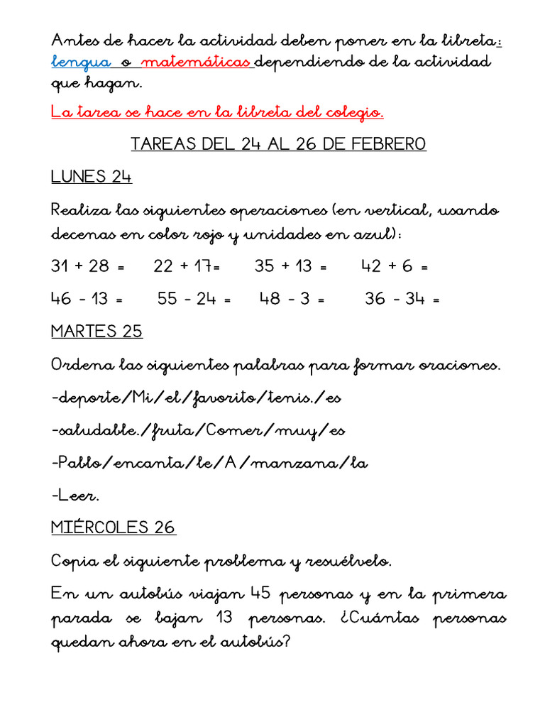 Tareas escolares del 24 al 26 de febrero | PDF