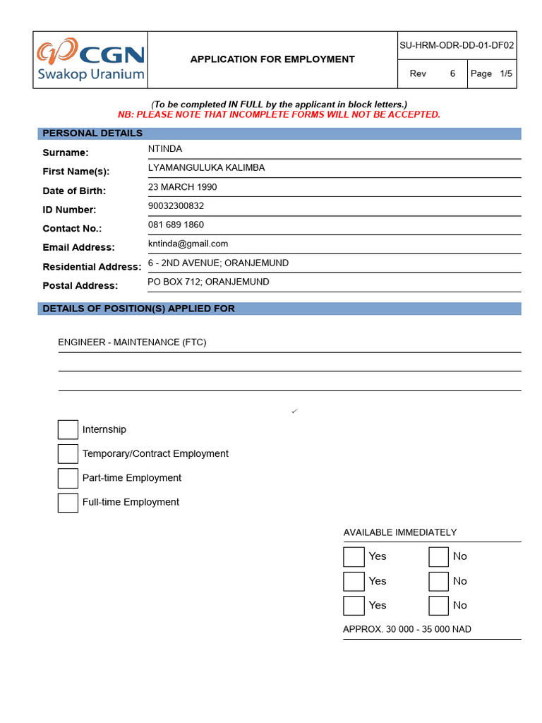 Employment Application Form Namibia | PDF