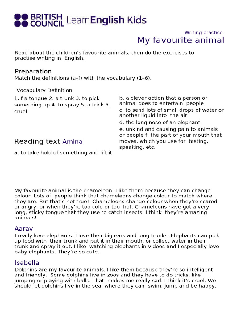 Writing About Favourite Animals | PDF | Elephant | Zoology