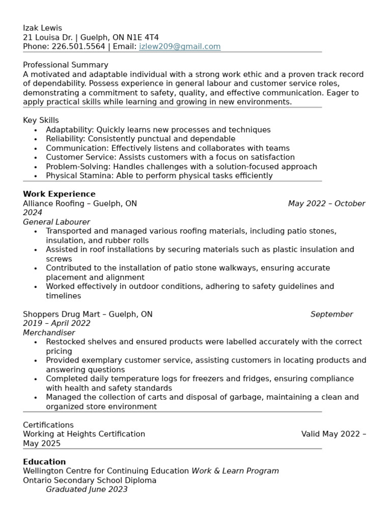 Izak Lewis: General Labourer Profile | PDF