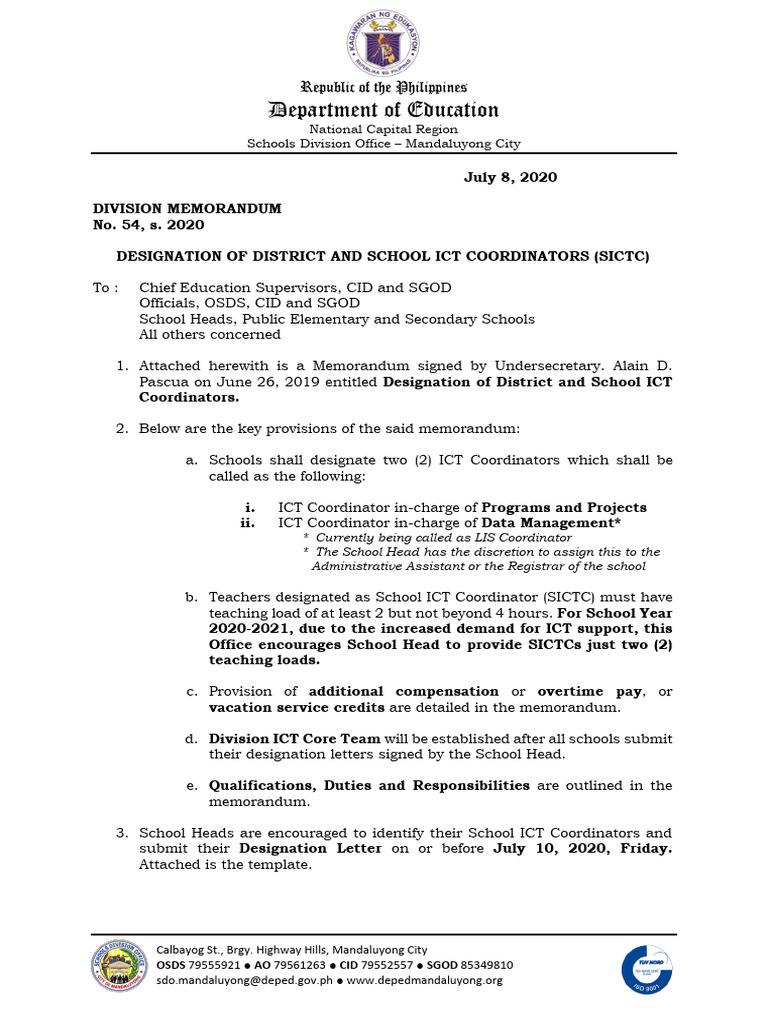 Do Memo No. 54 S. 2020 Designation of District and School Ict Coordinators 3 | PDF