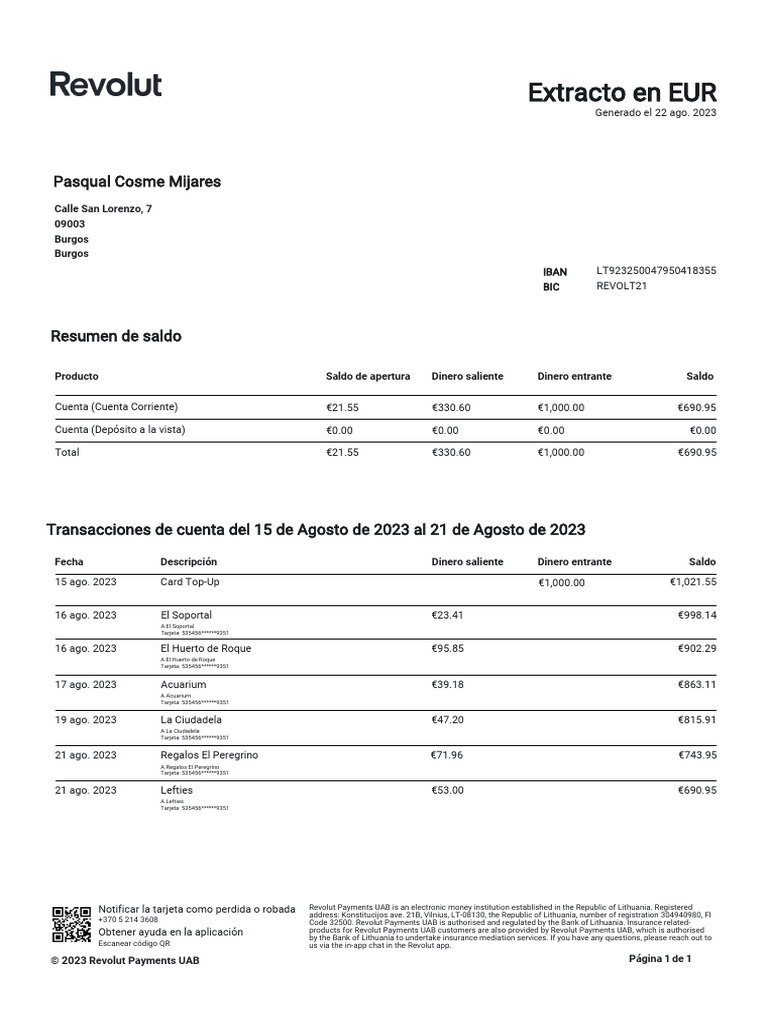 Revolut Account-Statement 2023-08-15 2023-08-21 Es 647jbd | PDF ...