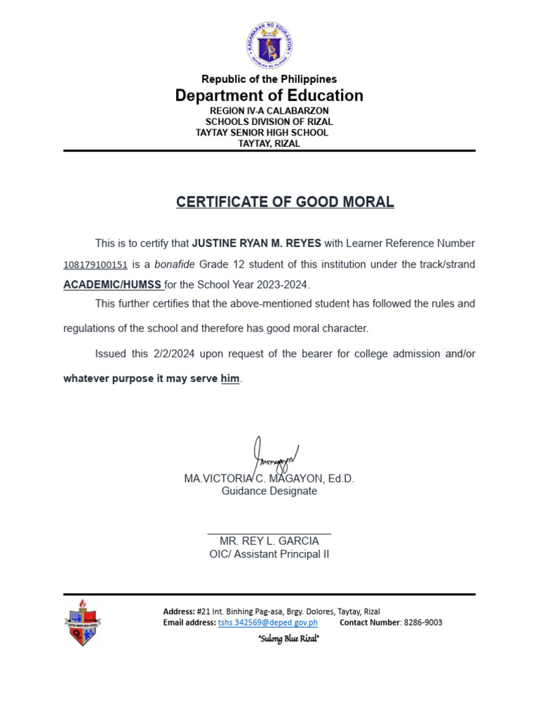Certificate of Good Moral Character | PDF