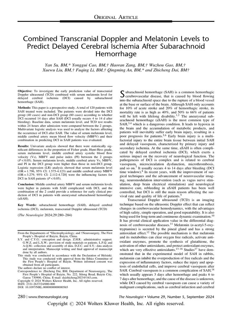 Combined Transcranial Doppler and Melatonin Levels To Predict Delayed Cerebral Ischemia After ...