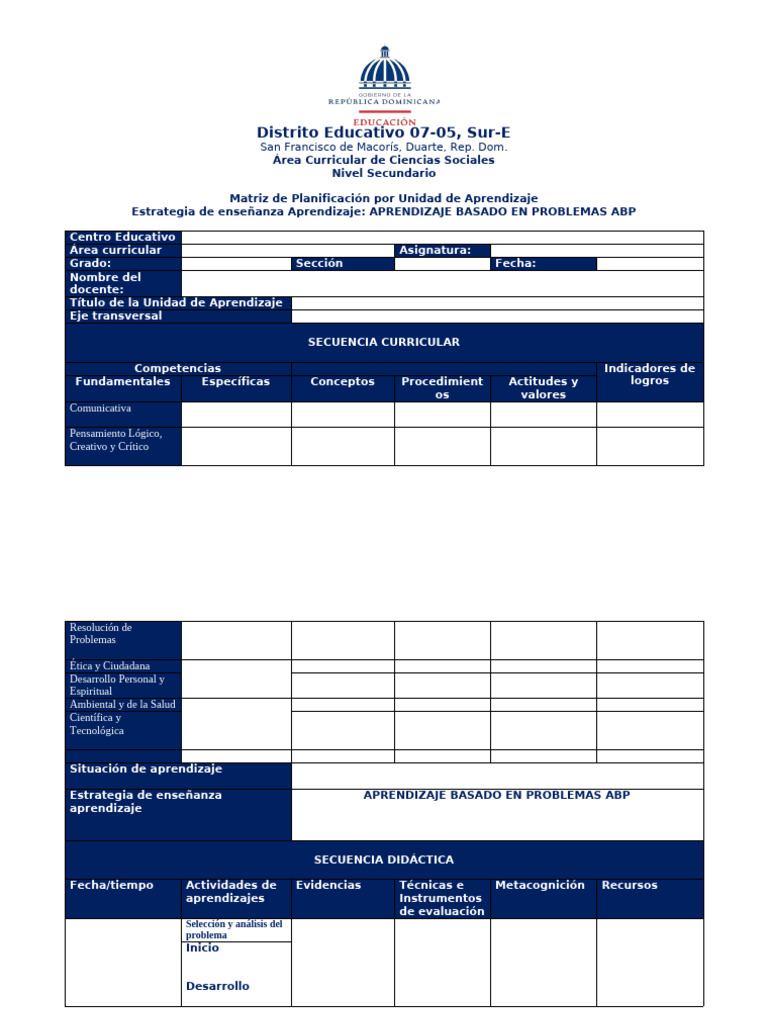 Matriz Planificacion Por Unidad de Aprendizaje Con Eea Aprendizaje Basado en Problemas Abp | PDF ...