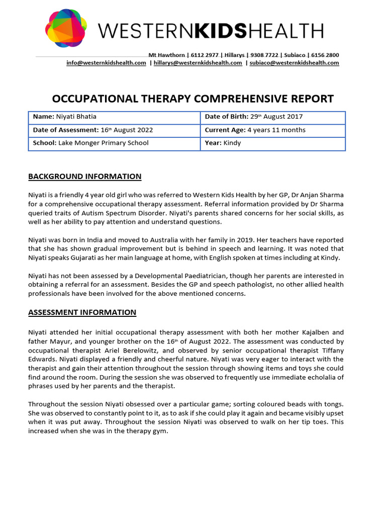 Niyati Bhatia Comprehensive OT Report | PDF | Occupational Therapy | Perception