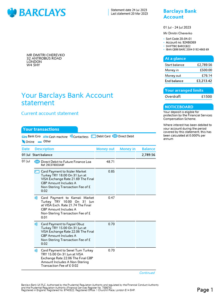 Barclays Account Statement Summary | PDF | Debit Card | Visa Inc.