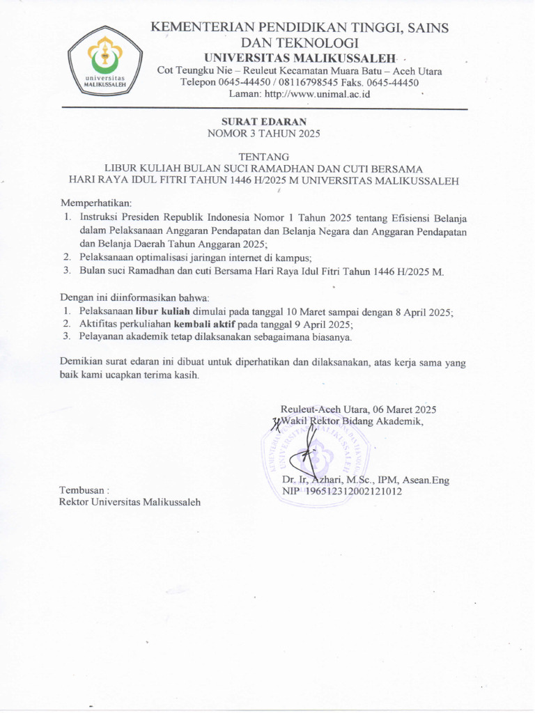Surat Edaran Nomor 3 Tahun 2025 Tentang Libur Kuliah Bulan Suci Ramadhan Dan Cuti Bersama Hari ...