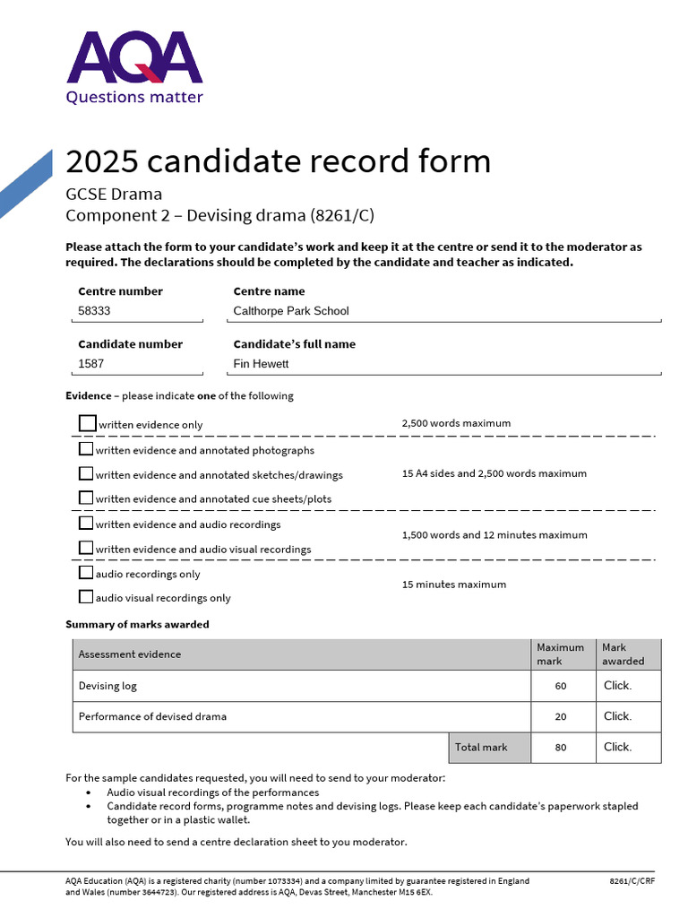 C2 Candidate Record Form 2025 | PDF | Cognition