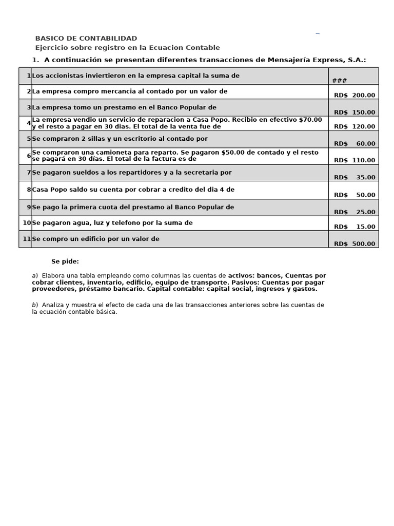 Ejercicio Efecto Ecuacion Contable | PDF | Contabilidad | Bancos