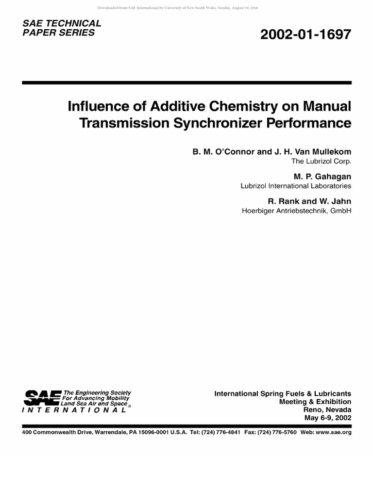 Influence of Additive Chemistry on Manual Transmission Synchronizer ...