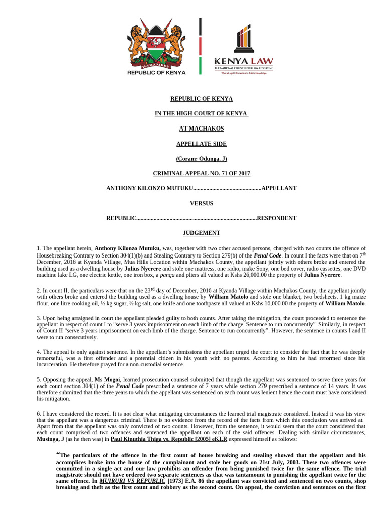 Anthony Kilonzo Mutuku V Republic 2019KEHC6356 (KLR) | PDF | Burglary | Sentence (Law)