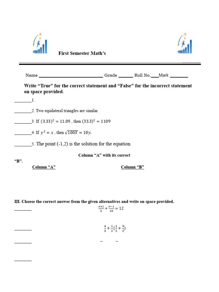 Grade 8 Math Worksheet Solutions | PDF | Equations | Elementary Mathematics