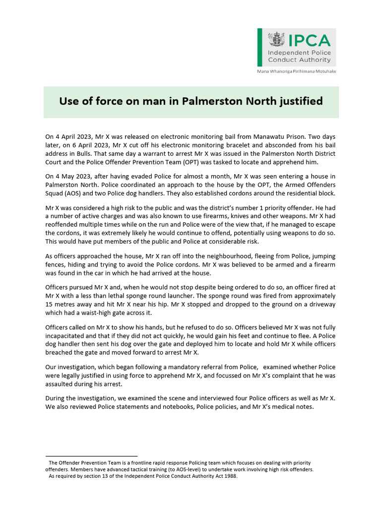 14 MAY 2024 IPCA PUBLIC REPORT Use Force Man Palmerston North Justified ...