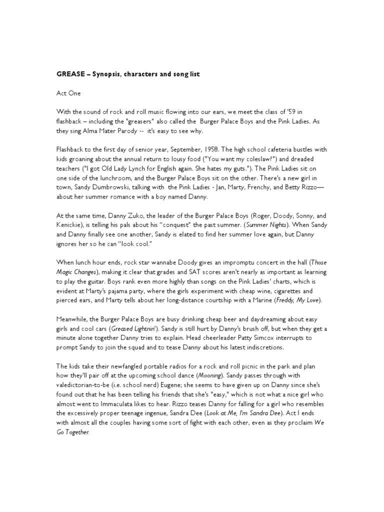 GREASE - Synopsis, Characters and Song List | PDF | Theatre | Leisure
