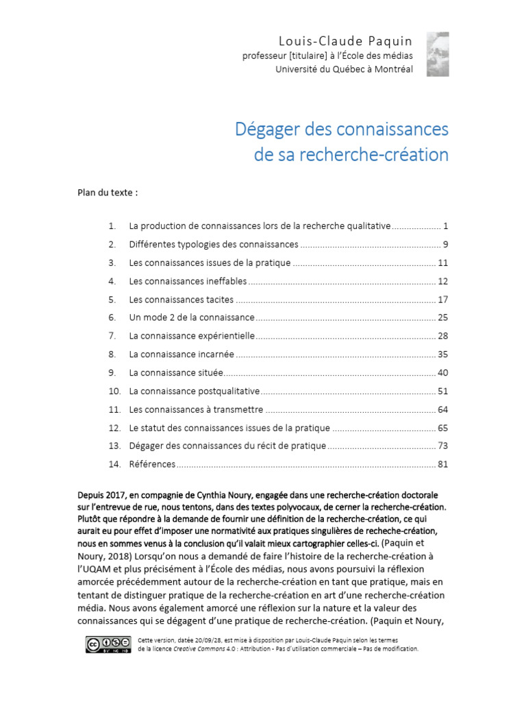 Production de connaissances en recherche-création | PDF | Connaissances ...