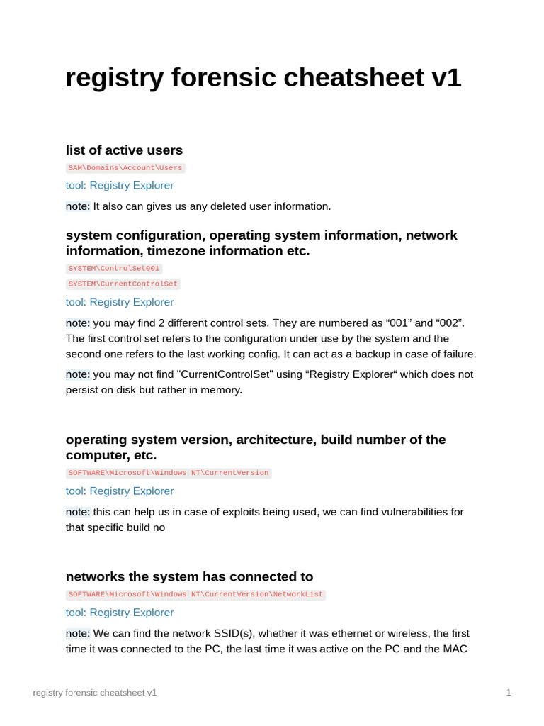 registry_forensic_cheatsheet_v1 | PDF | Windows Registry | Computer Network