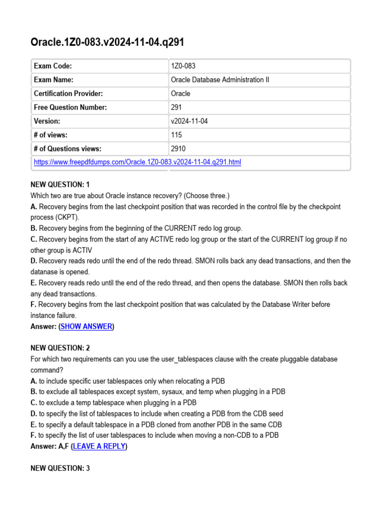 Oracle.1Z0-083.v2024-11-04.q291 | PDF | Databases | Character Encoding