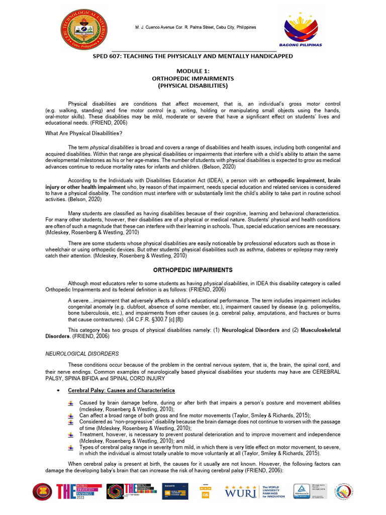 1 Module 1-ORTHOPEDIC IMPAIRMENTS (Physical Disabilities) | PDF ...