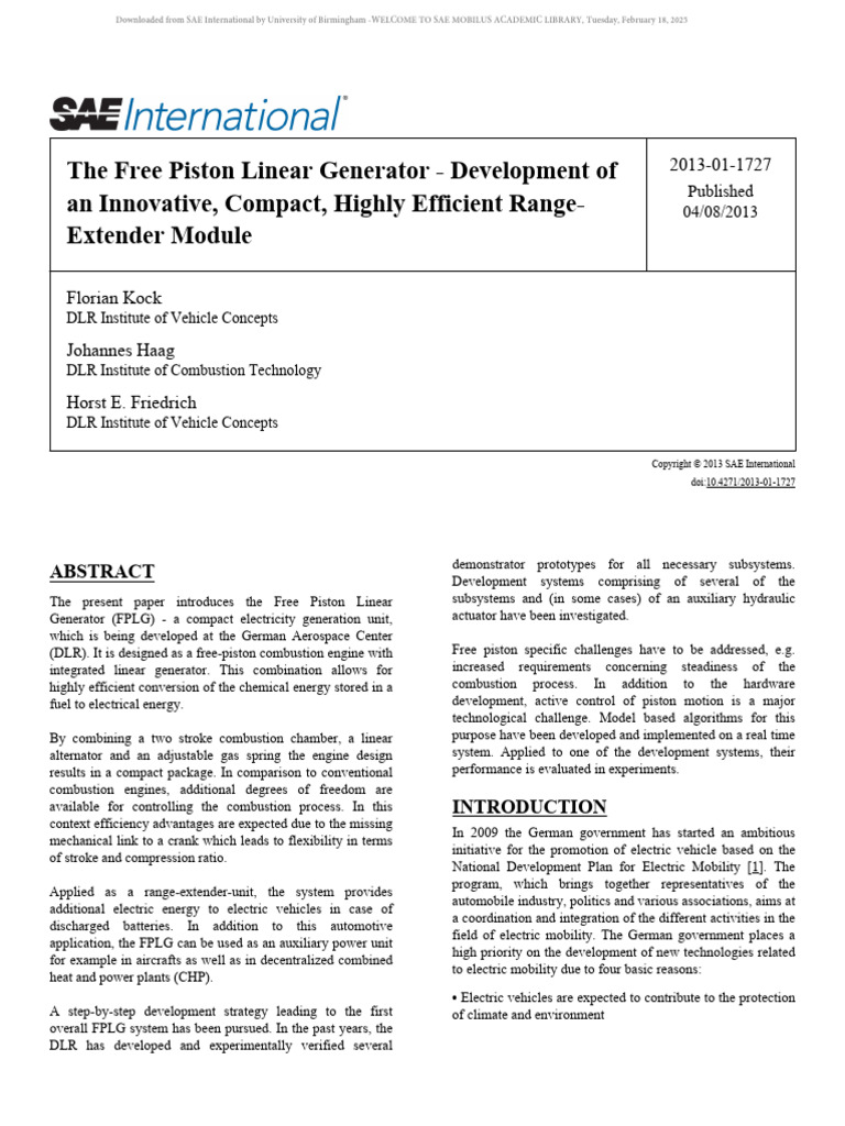 The Free Piston Linear Generator - Development of An Innovative ...