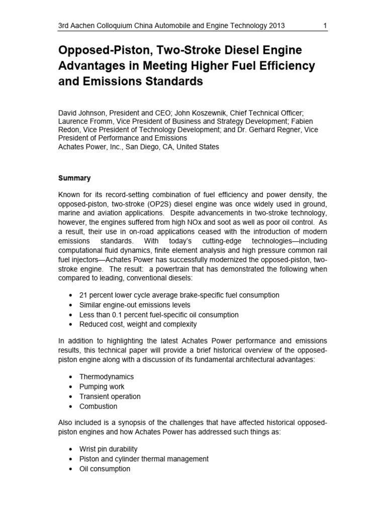 Opposed-Piston Two-Stroke Diesel Engine Advantages | PDF | Engines | Piston