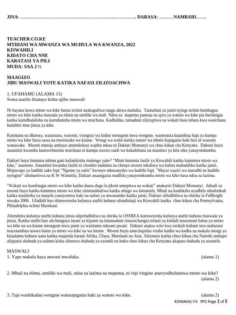 Kiswahili PP2 Form 4 Term 1 Opener 2022 QSN | PDF