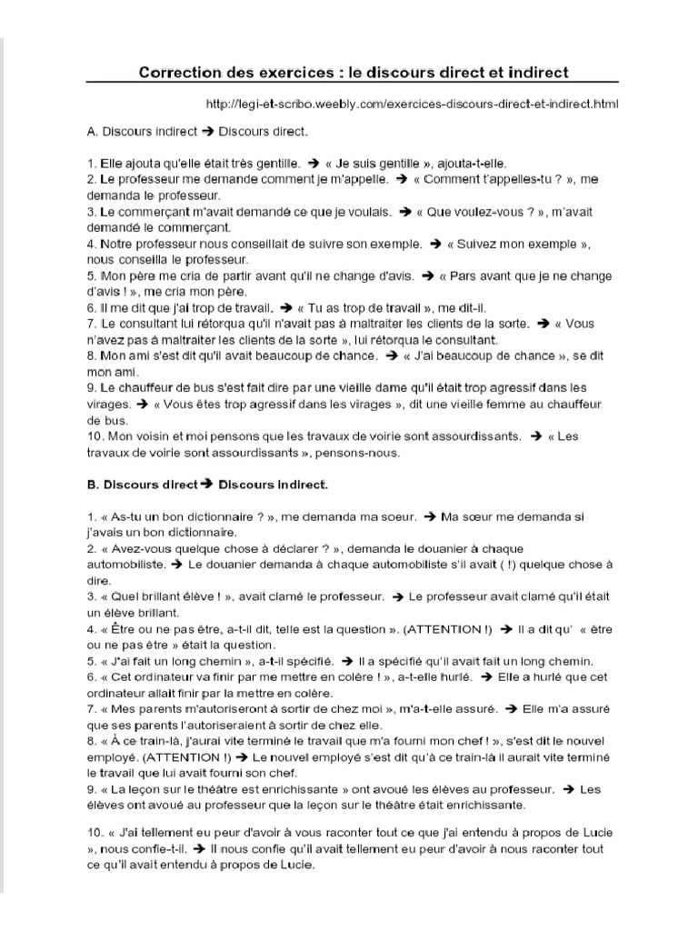 Exercices Corrigés Sur Le Discours Direct Et Indirect | PDF