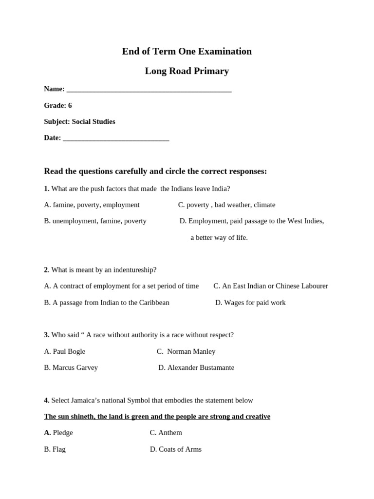 Grade 6 Social Studies Test | PDF | Jamaica