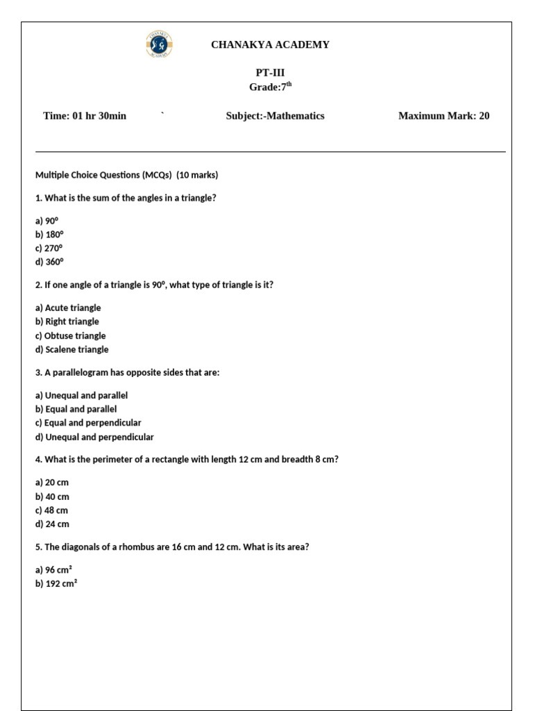 7th Grade Math Exam Questions | PDF