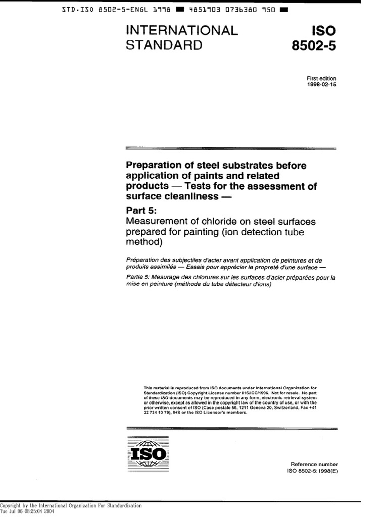 ISO-8502-5, Part5 Measurement of Chloride On Steel Surfaces Prepared For Painting, 1998 | PDF