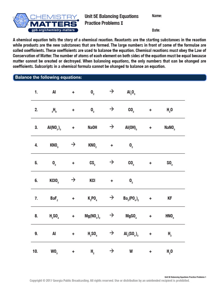 Unit 5e Balancing Equations Practice Problems 1 0 | PDF | Physical ...