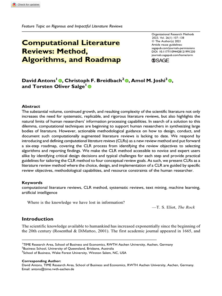 Antons Et Al 2021 Computational Literature Reviews Method Algorithms and Roadmap | PDF ...