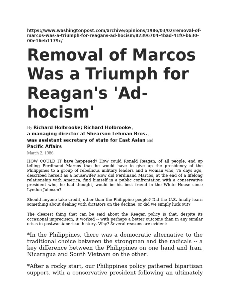 Removal of Marcos Was A Triumph For Reagans Ad Hocism | PDF | Corazon ...