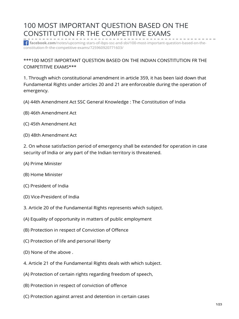 Key Questions on Indian Constitution | PDF | Political Law | Public Law