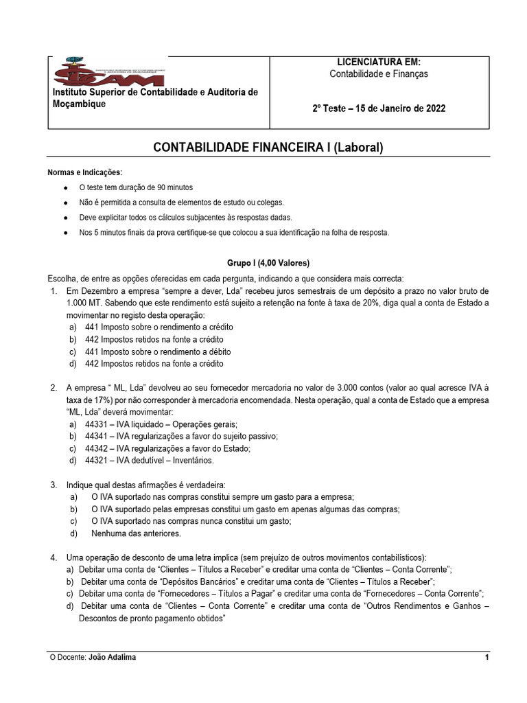 Teste de Contabilidade Financeira I | PDF | Imposto sobre Valor ...