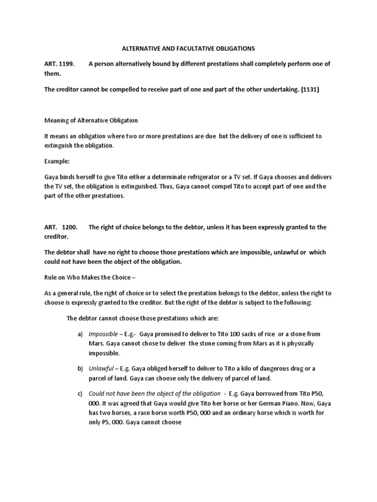 ALTERNATIVE AND FACULTATIVE OBLIGATIONS | PDF | Debtor | Debt
