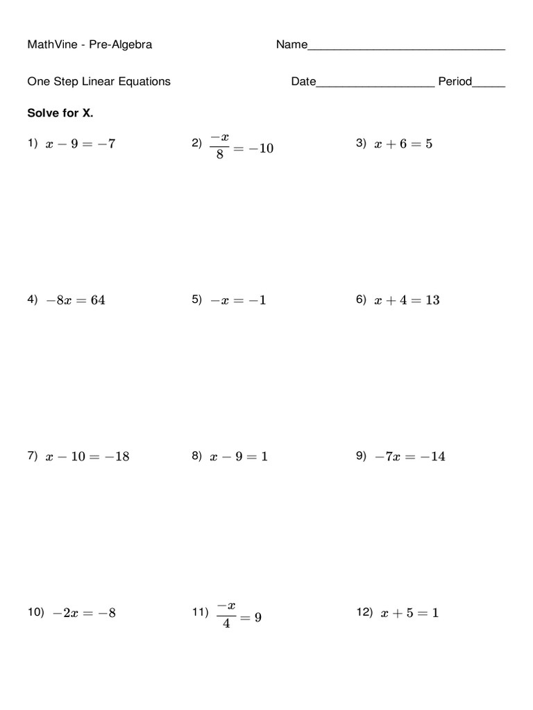 One-Step Linear Equations Practice | PDF | Equations | Mathematical ...