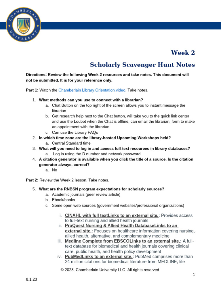 Week2 NR351 Scholarly Scavenger Hunt Notes Page | PDF | Pub Med | Citation