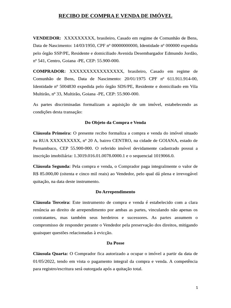 Recibo Compra e Venda - Modelo | PDF