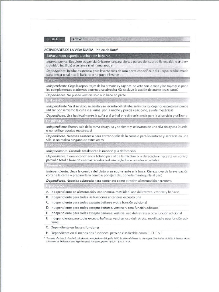 Escala de Katz: Evaluación de Dependencia | PDF