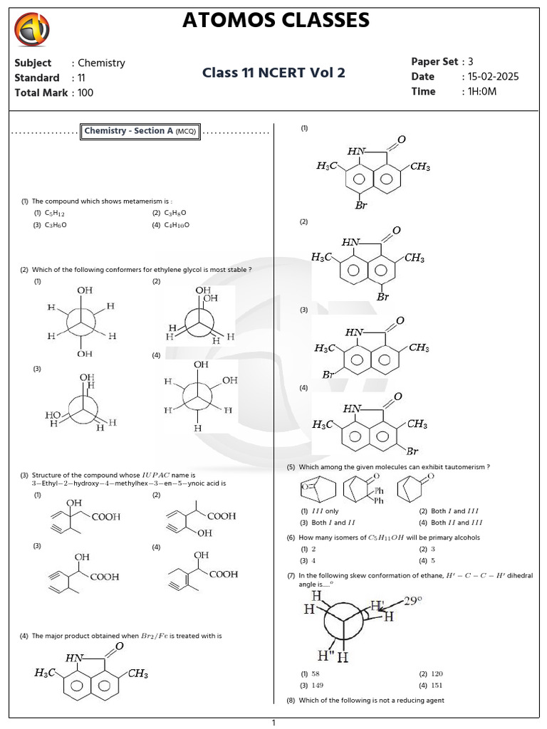 Class 11 Chemistry MCQ Paper Set 3 | PDF | Conformational Isomerism | Isomer