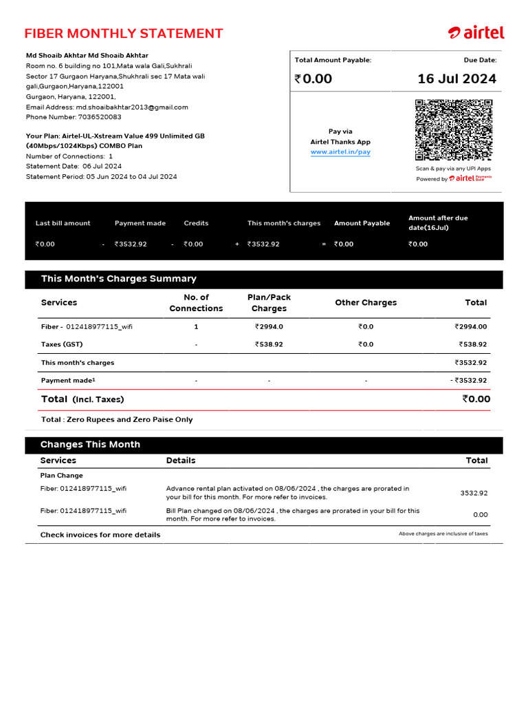 Airtel Fiber Monthly Statement Summary | PDF | Payments
