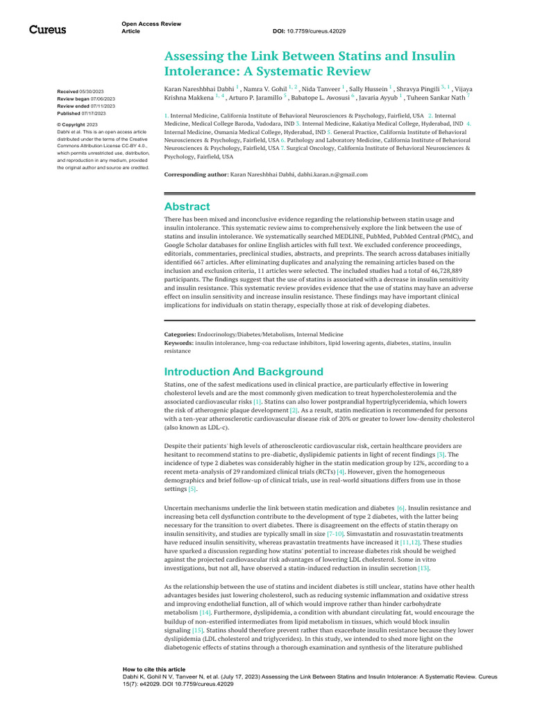 2023 Assessing The Link Between Statins and Insulin Intolerance A ...