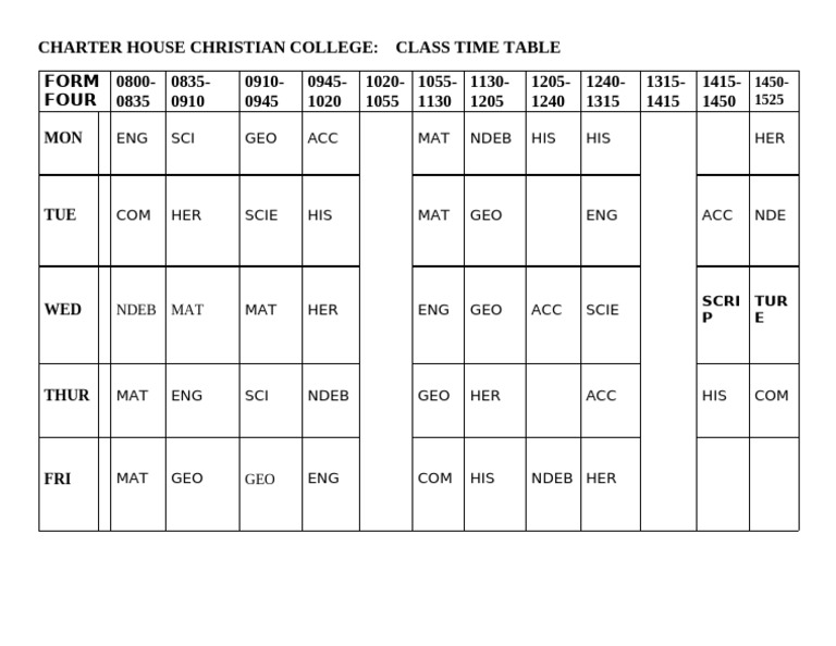 Charter House College Form Four Timetable | PDF