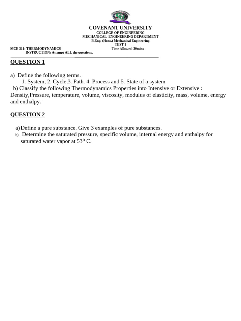 MCE 311 TEST 1 | PDF