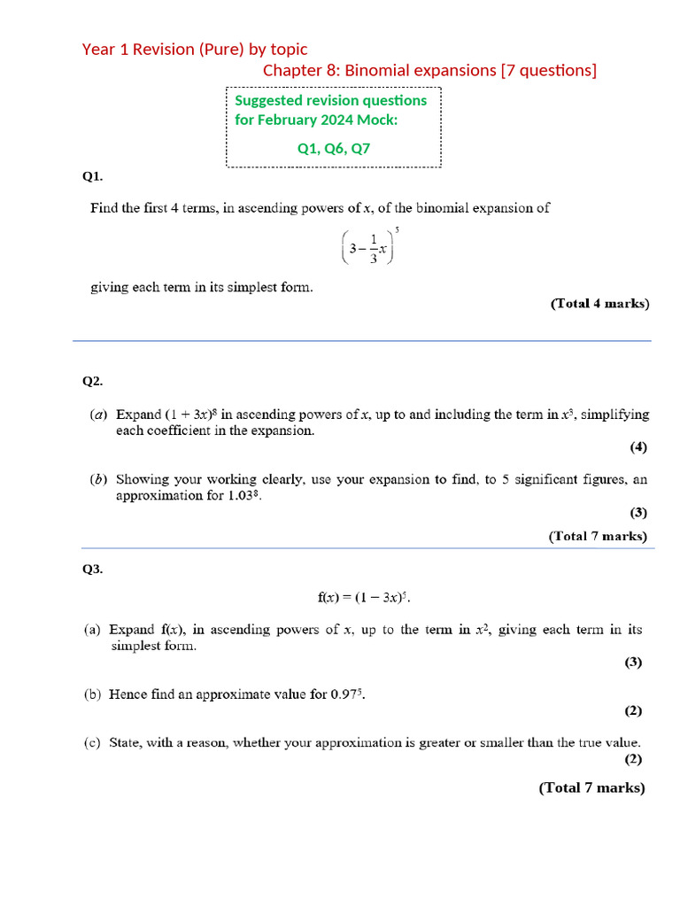 Year 1 Binomial Expansion Revision | PDF