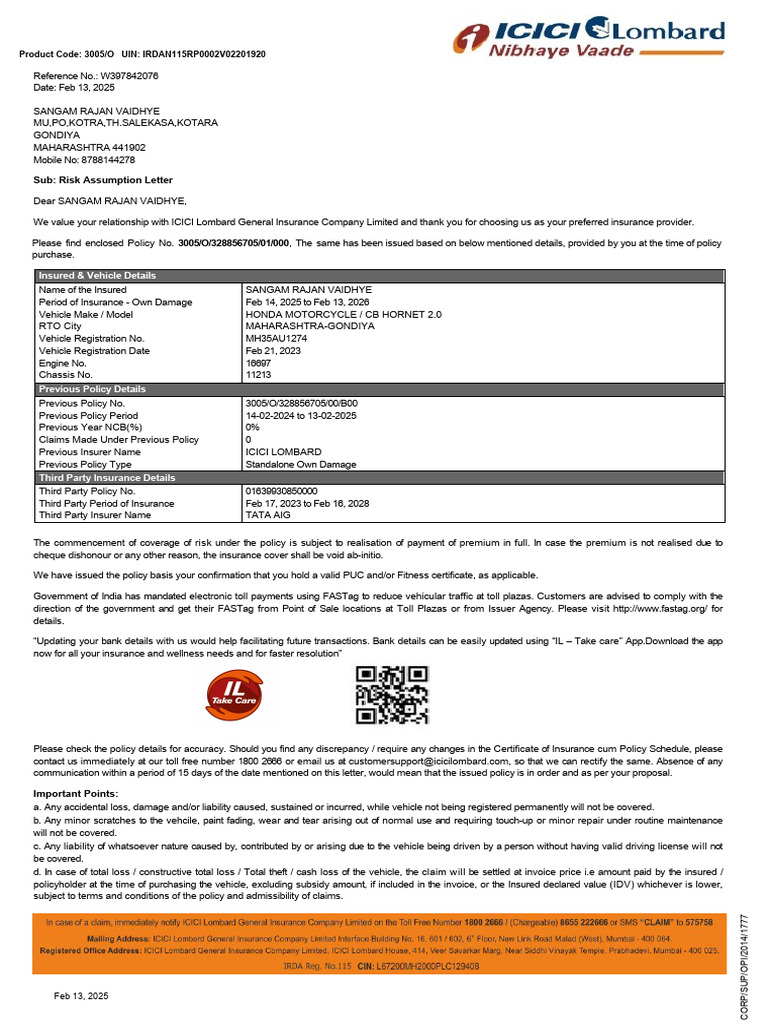 ICICI Lombard Two-Wheeler Insurance Policy | PDF | Insurance | Deductible