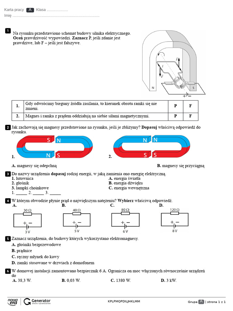 Karta Pracy II. Elektryczność I Magnetyzm Karta Pracy | PDF