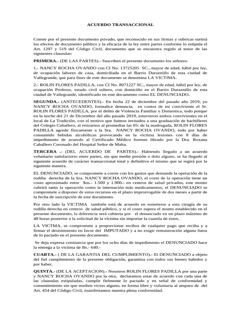 Acuerdo Transaccional (Rolin Flores P.) | PDF