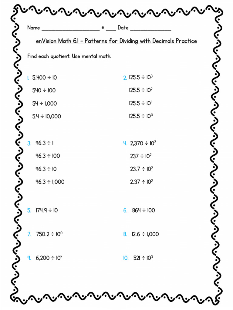 Envision Math 6.1 Patterns For Dividing With Decimals Practice | PDF